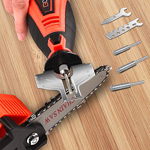 GOXAWEE Chainsaw Sharpener Kit 180W Power Chain Saw Sharpen Tool Set, Electric Blade Sharpening File Comes with 6pcs Diamond Sharpening Wheels, Angle Attachment (5 Speed Setting, 8000~35000 RPM)