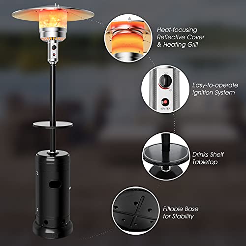 Onnertune 48000 BTU Propane Patio Heater, Portable Outdoor Heaters for Patio with Drink Tabletop & Wheels, Auto Shut Off & Tip-Over Protection, Commercial Outside Heater for Garden, Decks (Black)