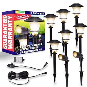 greenlighting low voltage landscape lights, (8 pack- 6 stake lights, 2 flood spotlights, & transformer) led, landscaping lighting, yard lights, pathway, outdoor walkways & path, garden, deck, black