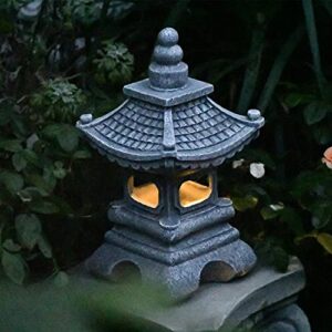 Gardenfans Solar LED Pagoda Lantern Garden Statue Light Outdoor Zen Garden Japanese Lantern for Landscape Balcony Patio Porch Yard Art Decor 6.7"H Gray Stone Finish