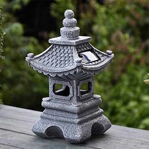 Gardenfans Solar LED Pagoda Lantern Garden Statue Light Outdoor Zen Garden Japanese Lantern for Landscape Balcony Patio Porch Yard Art Decor 6.7"H Gray Stone Finish