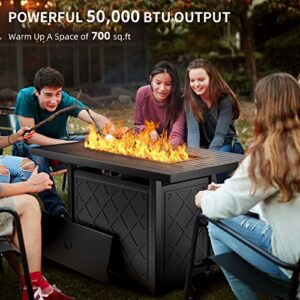 YITAHOME 43 Inch Propane Fire Pit Table, 50,000 BTU Gas Fire Pit with Ignition Systems, Iron Tabletop, Lava Rock, Lid, Rectangular Outdoor Firetable for Patio Deck Garden Backyard (Black)