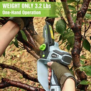 WORKPRO Mini Chainsaw, 6.3“ Cordless Electric Compact Chain Saw with 2 Batteries, One-Hand Operated Portable Wood Saw with Replacement Guide Bar and Chain for Garden Tree Branch Pruning, Wood Cutting