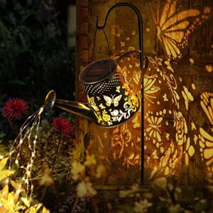 watering can with lights, solar lights outdoor butterfly art garden decor hanging metal waterproof solar lanterns for walkway yard pathway patio gardening gift for mom grandma