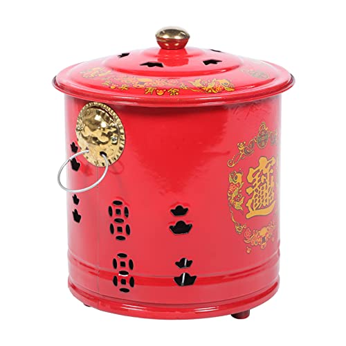 Stainless Steel Burn Barrel Metal Incinerator Cage Fire Pit Feng Shui Garden Backyard Debris Bin for Chinese New Year Paper Leaf Trash Buddhist Ritual Supplies, Red, ACR6219PAU1750WHOH16NI, 33x28cm