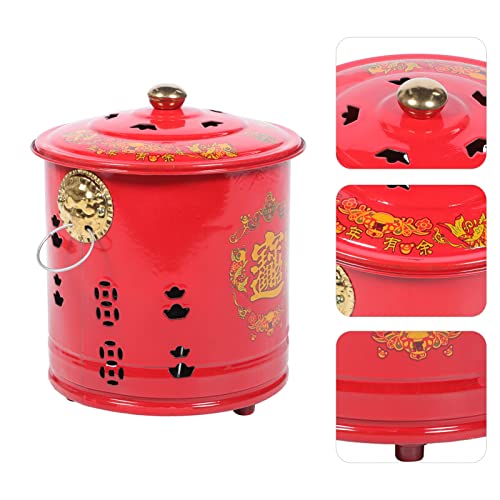 Stainless Steel Burn Barrel Metal Incinerator Cage Fire Pit Feng Shui Garden Backyard Debris Bin for Chinese New Year Paper Leaf Trash Buddhist Ritual Supplies, Red, ACR6219PAU1750WHOH16NI, 33x28cm