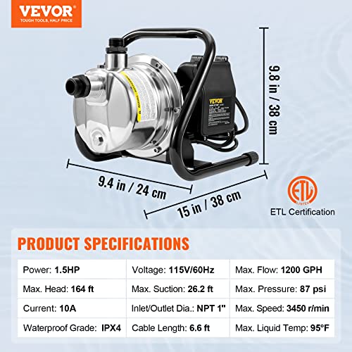 VEVOR Shallow Well Pump, 1.5 HP 115V, 1200 GPH 164 ft Height, 87 psi Max Pressure, Portable Stainless Steel Sprinkler Booster Jet Pumps for Garden Lawn Irrigation system, Lake Fountain, Water Transfer