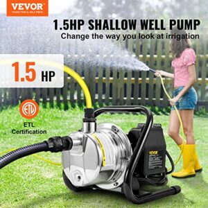 VEVOR Shallow Well Pump, 1.5 HP 115V, 1200 GPH 164 ft Height, 87 psi Max Pressure, Portable Stainless Steel Sprinkler Booster Jet Pumps for Garden Lawn Irrigation system, Lake Fountain, Water Transfer