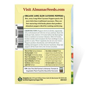 The Old Farmer's Almanac Organic Cayenne Pepper Seeds (Long Slim) - Approx 30 Seeds - Certified Organic, Non-GMO, Open Pollinated, Heirloom