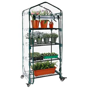 worth garden upgraded 4 tier mini greenhouse w/castors wheels – portable small gardening green house w/clear pvc cover – heavy duty swivel castors w/brakes – 65”h x 27”l x 19”w indoor & outdoor