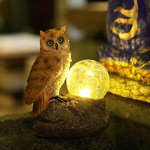 corietta solar garden statue outdoor decor,owl standing on the stone,beside a cracked glass ball with warm light,polyresin statue for patio, lawn, yard art decoration, housewarming garden gift