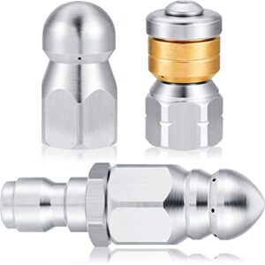 3 pieces sewer jetter nozzle rotating button nose sewer jetting nozzle stainless steel fixed sewer nozzle with different models for 1/4 inch pressure washer quick connector pressure up to 5000 psi