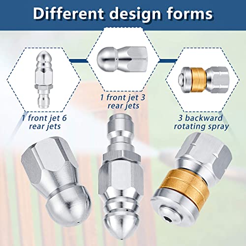 3 Pieces Sewer Jetter Nozzle Rotating Button Nose Sewer Jetting Nozzle Stainless Steel Fixed Sewer Nozzle with Different Models for 1/4 Inch Pressure Washer Quick Connector Pressure up to 5000 PSI