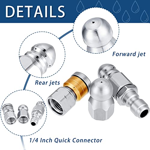 3 Pieces Sewer Jetter Nozzle Rotating Button Nose Sewer Jetting Nozzle Stainless Steel Fixed Sewer Nozzle with Different Models for 1/4 Inch Pressure Washer Quick Connector Pressure up to 5000 PSI