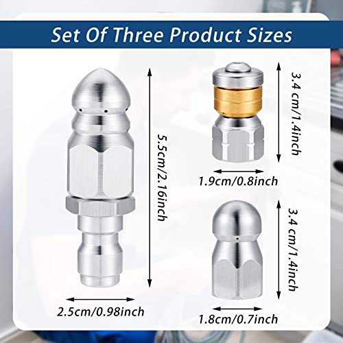 3 Pieces Sewer Jetter Nozzle Rotating Button Nose Sewer Jetting Nozzle Stainless Steel Fixed Sewer Nozzle with Different Models for 1/4 Inch Pressure Washer Quick Connector Pressure up to 5000 PSI