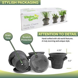 Window Garden Herb Growing Kit - Grow an Indoor Garden, Herb Kitchen Windowsill - Non GMO Seeds, Fresh Organic Basil, Chives, Sage - Rustic Set of Planters with Fiber Soil - Herbs Growing Starter Set