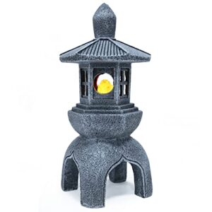 mibung large zen solar pagoda lantern garden statue sculpture, indoor/outdoor zen asian decor with solar lotus light, japanese temple pagoda lamp for landscape patio, lawn, porch yard art ornament