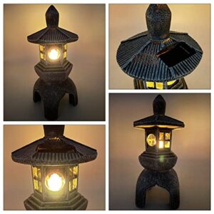 MIBUNG Large Zen Solar Pagoda Lantern Garden Statue Sculpture, Indoor/Outdoor Zen Asian Decor with Solar Lotus Light, Japanese Temple Pagoda Lamp for Landscape Patio, Lawn, Porch Yard Art Ornament