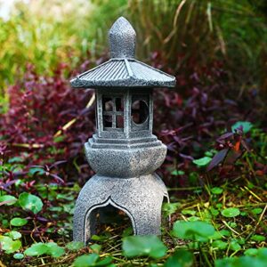 MIBUNG Large Zen Solar Pagoda Lantern Garden Statue Sculpture, Indoor/Outdoor Zen Asian Decor with Solar Lotus Light, Japanese Temple Pagoda Lamp for Landscape Patio, Lawn, Porch Yard Art Ornament