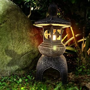 MIBUNG Large Zen Solar Pagoda Lantern Garden Statue Sculpture, Indoor/Outdoor Zen Asian Decor with Solar Lotus Light, Japanese Temple Pagoda Lamp for Landscape Patio, Lawn, Porch Yard Art Ornament