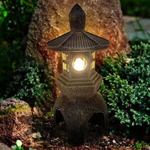 MIBUNG Large Zen Solar Pagoda Lantern Garden Statue Sculpture, Indoor/Outdoor Zen Asian Decor with Solar Lotus Light, Japanese Temple Pagoda Lamp for Landscape Patio, Lawn, Porch Yard Art Ornament