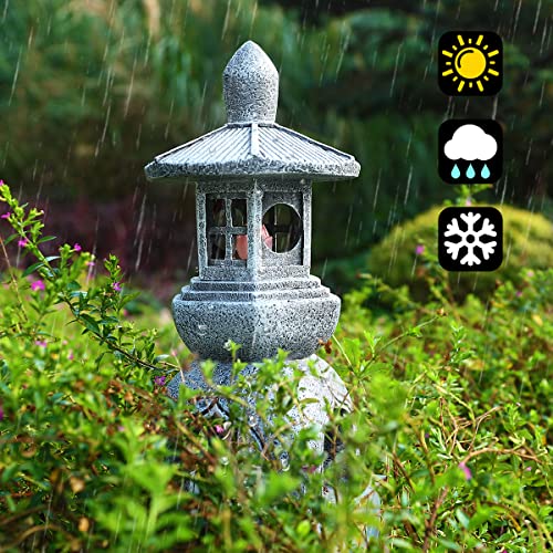 MIBUNG Large Zen Solar Pagoda Lantern Garden Statue Sculpture, Indoor/Outdoor Zen Asian Decor with Solar Lotus Light, Japanese Temple Pagoda Lamp for Landscape Patio, Lawn, Porch Yard Art Ornament