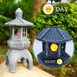 MIBUNG Large Zen Solar Pagoda Lantern Garden Statue Sculpture, Indoor/Outdoor Zen Asian Decor with Solar Lotus Light, Japanese Temple Pagoda Lamp for Landscape Patio, Lawn, Porch Yard Art Ornament