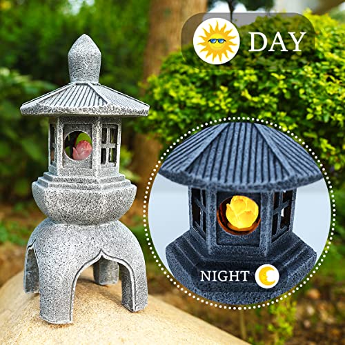 MIBUNG Large Zen Solar Pagoda Lantern Garden Statue Sculpture, Indoor/Outdoor Zen Asian Decor with Solar Lotus Light, Japanese Temple Pagoda Lamp for Landscape Patio, Lawn, Porch Yard Art Ornament