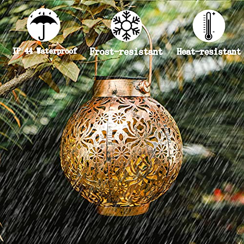 DUSVALLY Solar Lantern Hanging Waterproof Solar Lights for Patio, Backyard & Tree, 2 Pack Garden Decoration Lantern Light with Hollow-Out Retro Design, 7"H, Bronze