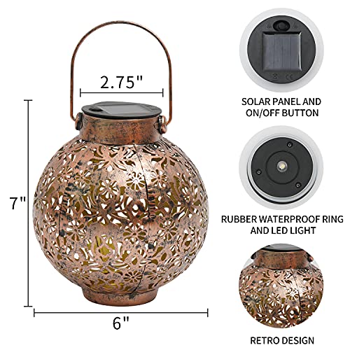 DUSVALLY Solar Lantern Hanging Waterproof Solar Lights for Patio, Backyard & Tree, 2 Pack Garden Decoration Lantern Light with Hollow-Out Retro Design, 7"H, Bronze