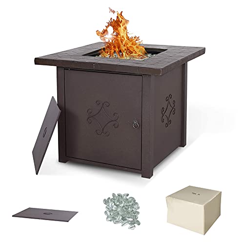 Nuu Garden 30-Inch Propane Fire Pit Table, 40,000 BTU Steel Fire Table for Outside with Lid and Fire Glass Beads and Cover for Parties, Patio, Backyard, Brown