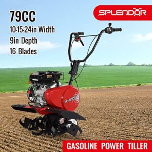 SPLENDOR 4-Cycle Gas Powered Tiller 79cc with Handle and Width Adjustable 24in