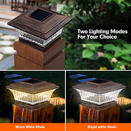 Solar Post Cap Lights 2 Lighting Modes Outdoor LED Lighting Deck Fence Cap Light Warm White/Bright White Lighting Suitable for 4x4 Wooden Posts (6pk, Brushed Copper)