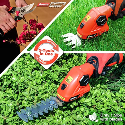 SHALL Cordless Grass Shear & Hedge Trimmer - 7.2V Electric Shrub Trimmer 2 in 1 Handheld Grass Trimmer Hedge Shears, Hedge Clippers Grass Cutter w/Pruning Scissor, Rechargeable Battery & Fast Charger