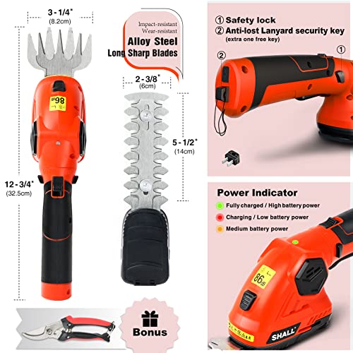 SHALL Cordless Grass Shear & Hedge Trimmer - 7.2V Electric Shrub Trimmer 2 in 1 Handheld Grass Trimmer Hedge Shears, Hedge Clippers Grass Cutter w/Pruning Scissor, Rechargeable Battery & Fast Charger