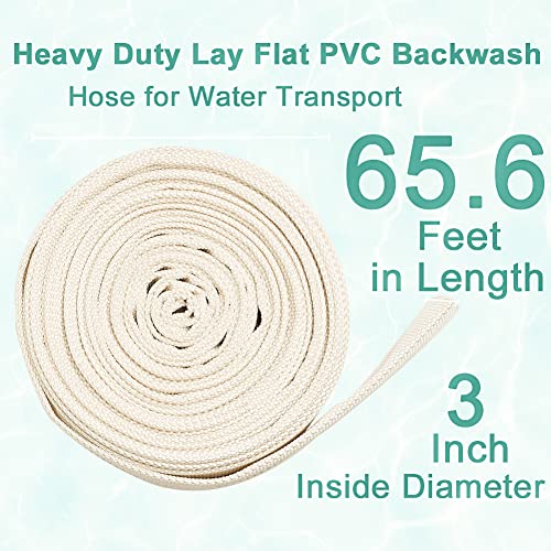 Eoiips 3 Inch x 65.6 Feet Length Swimming Pool Backwash Hose, PVC Lay-Flat Garden Hose Water Discharge Hose with Adjustable Hose Clamp for Patio Garden Lawn Irrigation & Swimming Pool