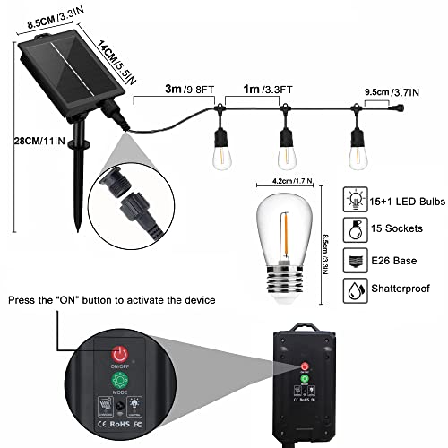 YOSION Solar Powered 46FT Waterproof LED Outdoor String Lights with Remote Control, 15 x Shatterproof LED Light Bulbs for Backyard Garden Patio Pergola Gazebo Bistro Bedroom Party