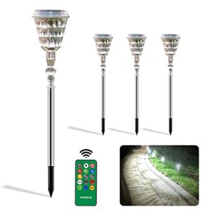 bright outdoor solar pathway lights 4 pack, color changing led solar garden lights up to 40h, ip67 waterproof stainless solar path lights, height adjustable crystal yard light for patio decorations