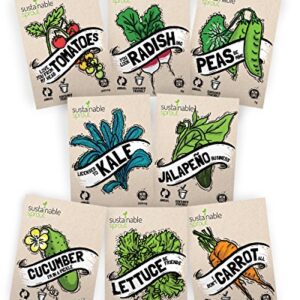 Vegetable Seeds for Planting Home Garden 8-Pack - Garden Seeds Vegetable Variety Pack, Heirloom Vegetable Seeds with Carrot Seeds, Tomato, Cucumber, Lettuce, Kale, Radish, Peas & Jalapeno Pepper