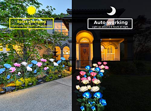 Solar Garden Stake Lights, Rose Flowers Lights LED Solar Stake Lights with 3 Roses Waterproof for Garden, Yard, Christmas Pathway, Grave Decor