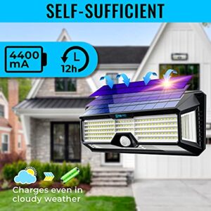 Solar Lights Outdoor Waterproof 298 LEDs 2500lm Ultra Bright - Security LED Motion Sensor Flood Light for Wall Garden up to 800 sq ft - 280° Wide Angle Lighting Powered 4400 mAh IP65