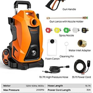 Electric Pressure Washer, ENGiNDOT 2100 PSI 1.8 GPM Electric Power Washer with 5 Spray Nozzles, Pressure Clean Machine with Total Stop System for Cleaning Stair, Car, Driveway, Garden, Deck, Fence