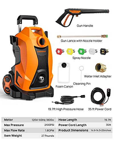 Electric Pressure Washer, ENGiNDOT 2100 PSI 1.8 GPM Electric Power Washer with 5 Spray Nozzles, Pressure Clean Machine with Total Stop System for Cleaning Stair, Car, Driveway, Garden, Deck, Fence