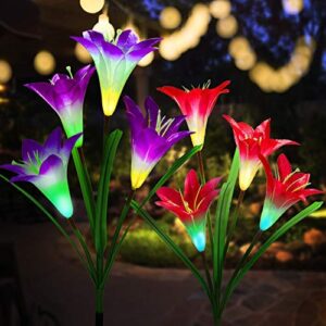 ccjk solar flower lights, solar garden 8 lily flowers stake lights outdoor,solar ornaments, mother’s day gifts,multi-color changing led solar lights decorative for patio,backyard(2 pack, purple & red)