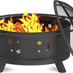 LEAYAN Garden Fire Pit Grill Bowl Grill Barbecue Rack Round Outdoor Fire Pit, Large Wood Burning Fire Pit w/Spark Screen, Wrought Iron Bonfire Fire Pit for Party, BBQ, Heating, Patio, Garden