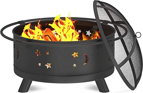 LEAYAN Garden Fire Pit Grill Bowl Grill Barbecue Rack Round Outdoor Fire Pit, Large Wood Burning Fire Pit w/Spark Screen, Wrought Iron Bonfire Fire Pit for Party, BBQ, Heating, Patio, Garden