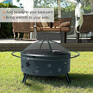 LEAYAN Garden Fire Pit Grill Bowl Grill Barbecue Rack Round Outdoor Fire Pit, Large Wood Burning Fire Pit w/Spark Screen, Wrought Iron Bonfire Fire Pit for Party, BBQ, Heating, Patio, Garden