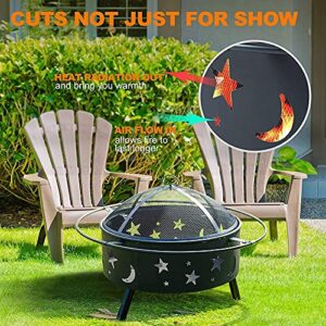 LEAYAN Garden Fire Pit Grill Bowl Grill Barbecue Rack Round Outdoor Fire Pit, Large Wood Burning Fire Pit w/Spark Screen, Wrought Iron Bonfire Fire Pit for Party, BBQ, Heating, Patio, Garden