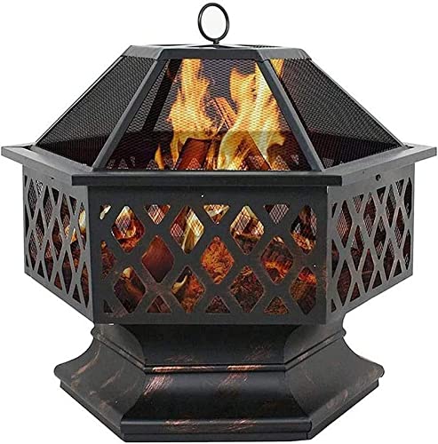 LEAYAN Garden Fire Pit Grill Bowl Grill Barbecue Rack Outdoor Fire Pits Portable Metal Fire Pit Hexagon Design Fireplace Stove with Mesh Screen Cover Fireplace Stove Wood Burning