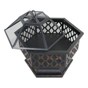 LEAYAN Garden Fire Pit Grill Bowl Grill Barbecue Rack Outdoor Fire Pits Portable Metal Fire Pit Hexagon Design Fireplace Stove with Mesh Screen Cover Fireplace Stove Wood Burning